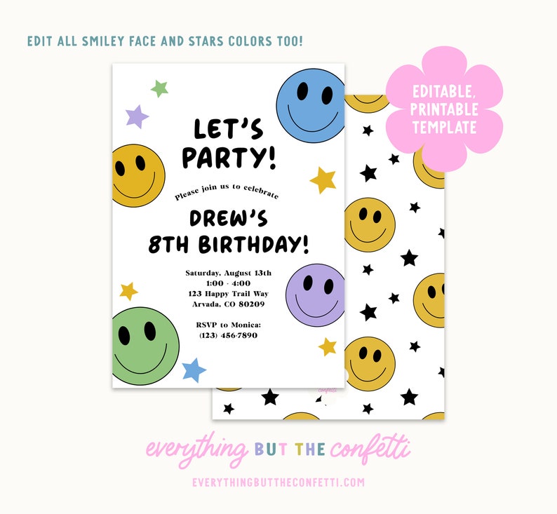 Smiley Faces Editable Printable Invitation Template, Kids Party ...