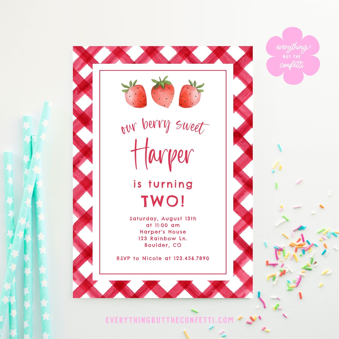 Berry Sweet Birthday Invitation Template, Strawberry Berry First, DIY ...