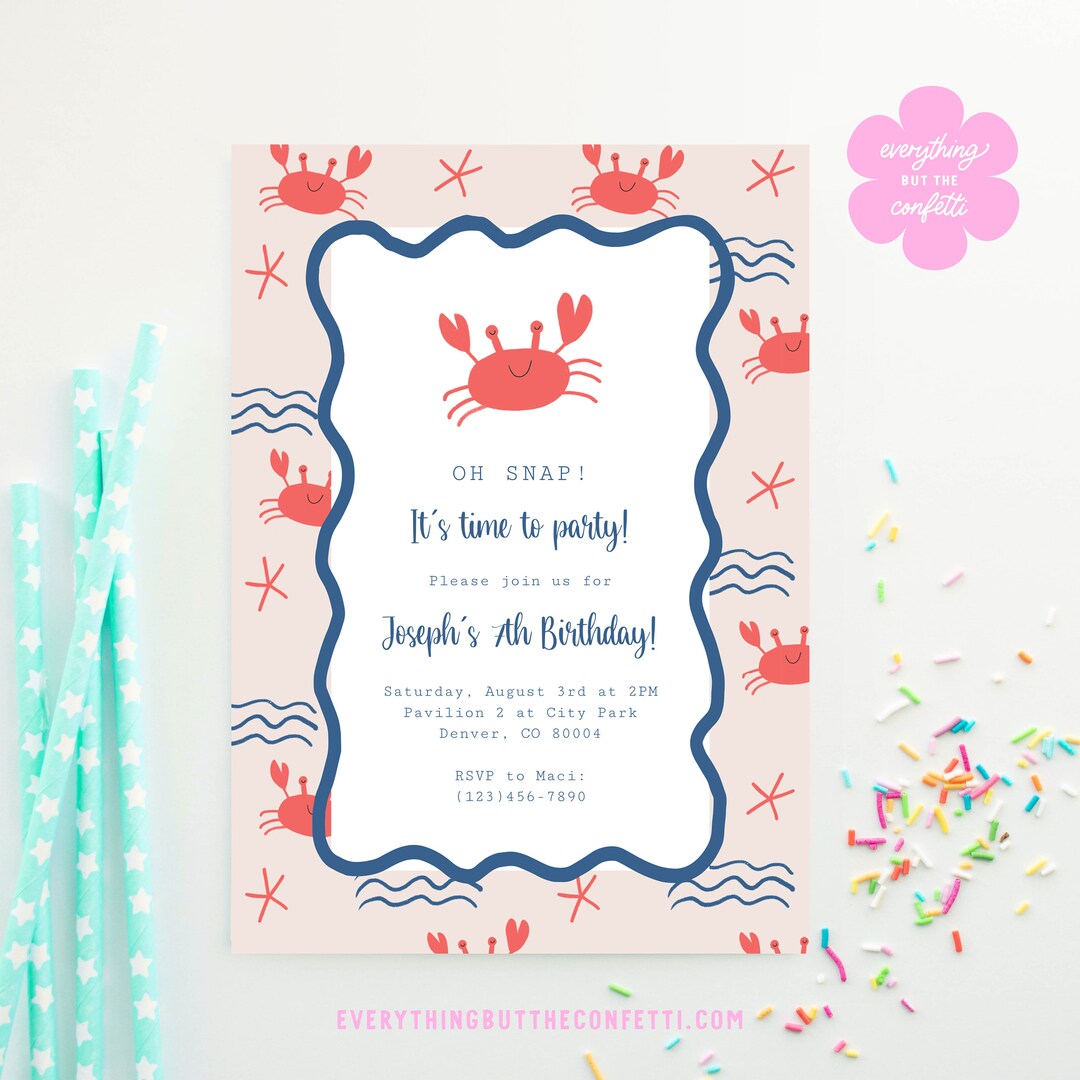 Oh Snap Crab Birthday Party Invitation Editable Template - Etsy