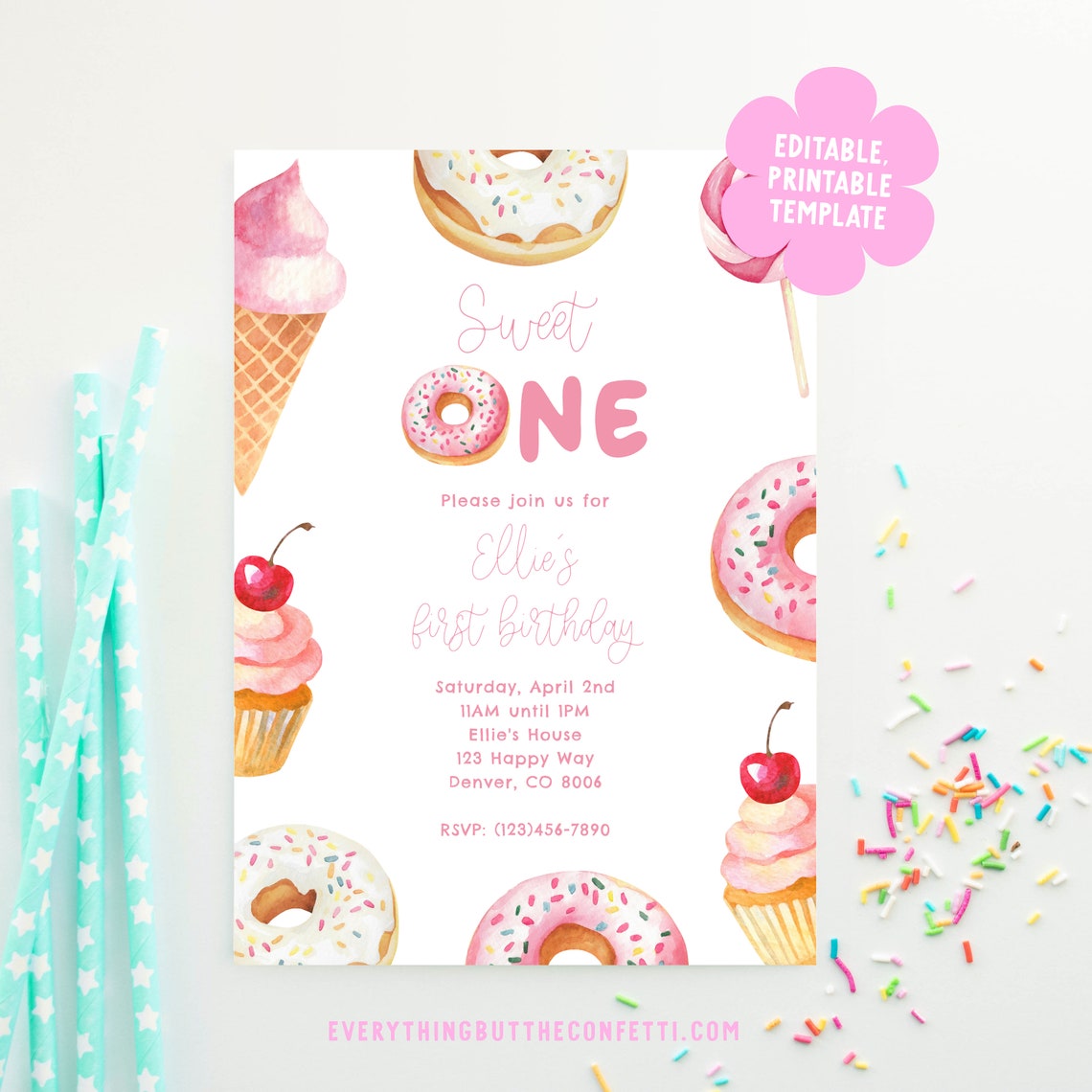 Printable Sweet One Birthday Invitation Template, Sweets Invite, Donut ...
