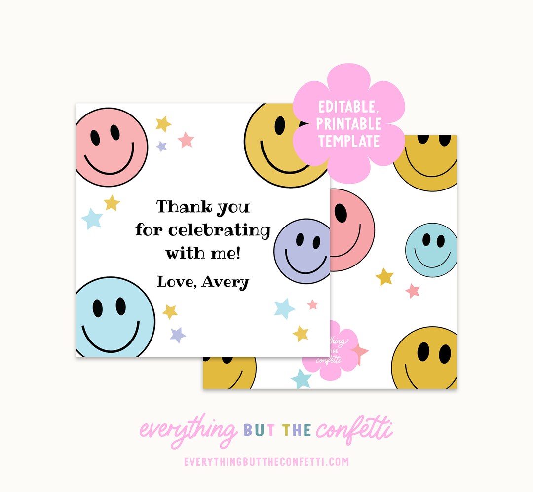 Smiley Faces Editable Printable Party Favor Tags Template, Kids Party ...
