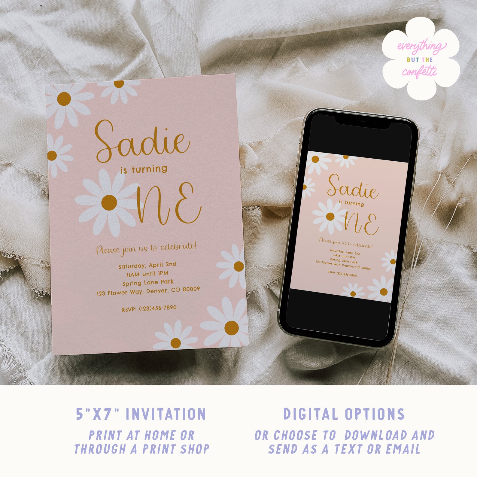 Printable Boho Daisy Party Invitation Template, First Birthday Invite ...