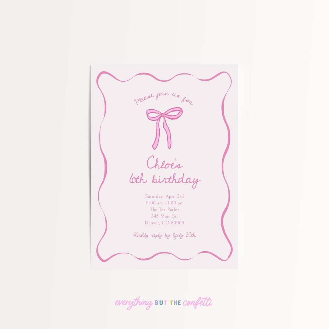 Bows Birthday Invitation Template, Printable Editable Handdrawn Bows ...