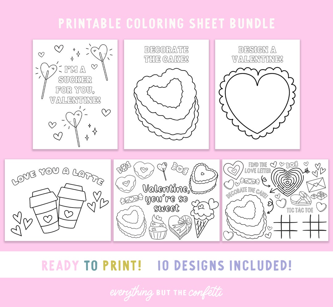 Printable Valentine's Day Coloring Sheets, Coloring Pages Bundle for ...