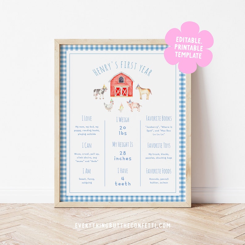 Printable Farm Animals First Birthday Milestone Poster Board Template ...