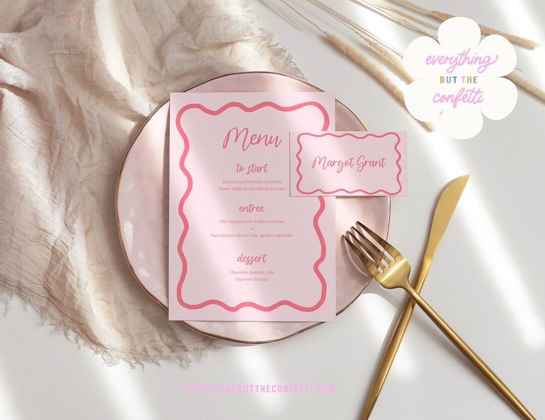 Wavy Menu and Place Card Template, Hand-painted Event and Wedding Menu ...