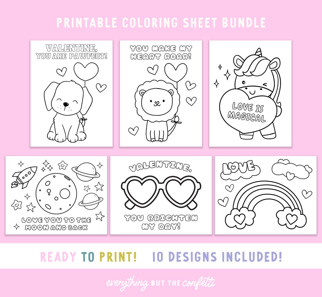 Printable Valentine's Day Coloring Sheets, Coloring Pages Bundle for ...