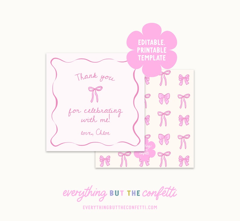 Bows Handdrawn Favor Tags Template, Printable Editable Birthday Party ...