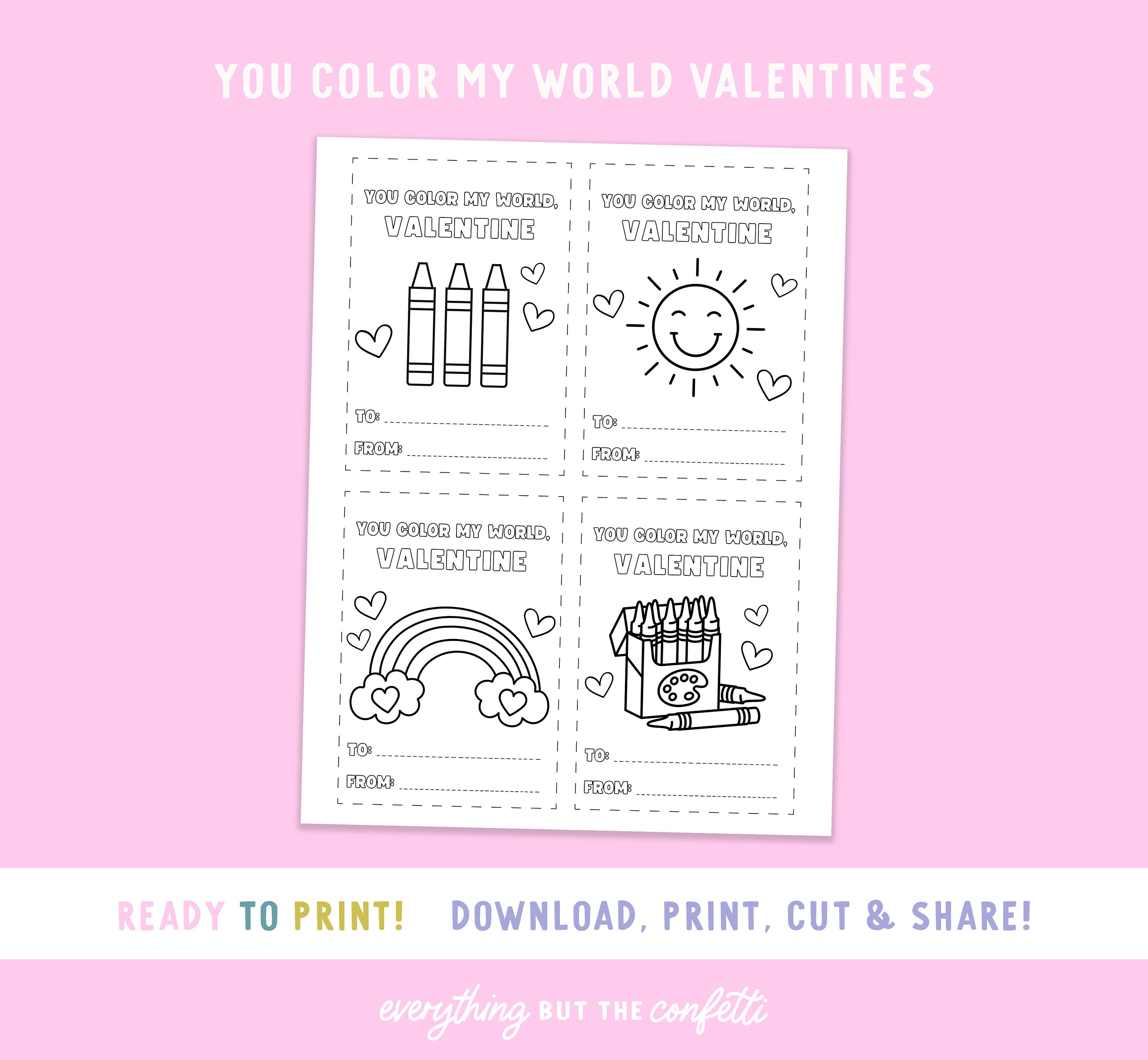 Printable Color My World Valentine Coloring Cards, Classroom Crayon ...