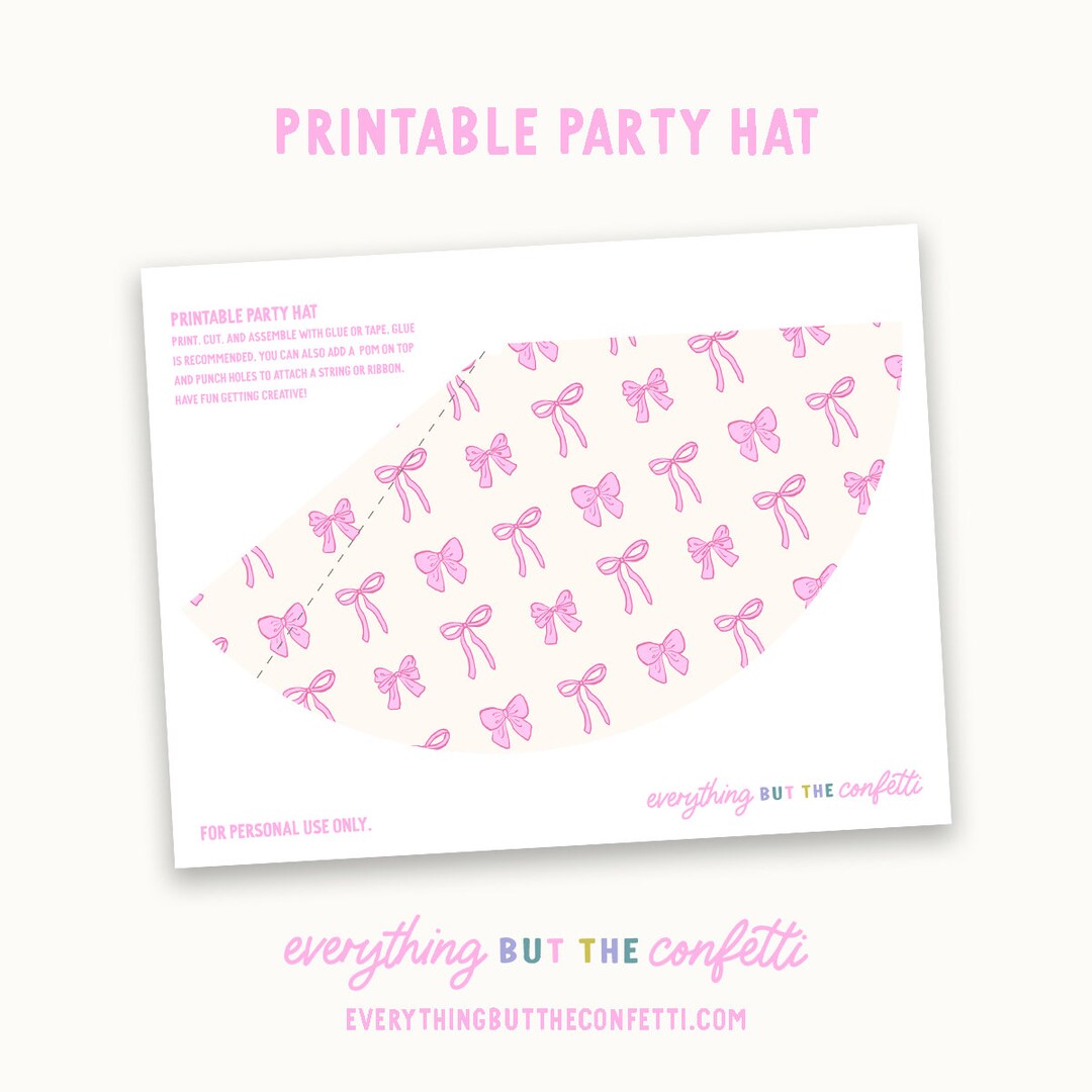 Bow Birthday Party Hat Printable, Printable Birthday Party Hats for ...