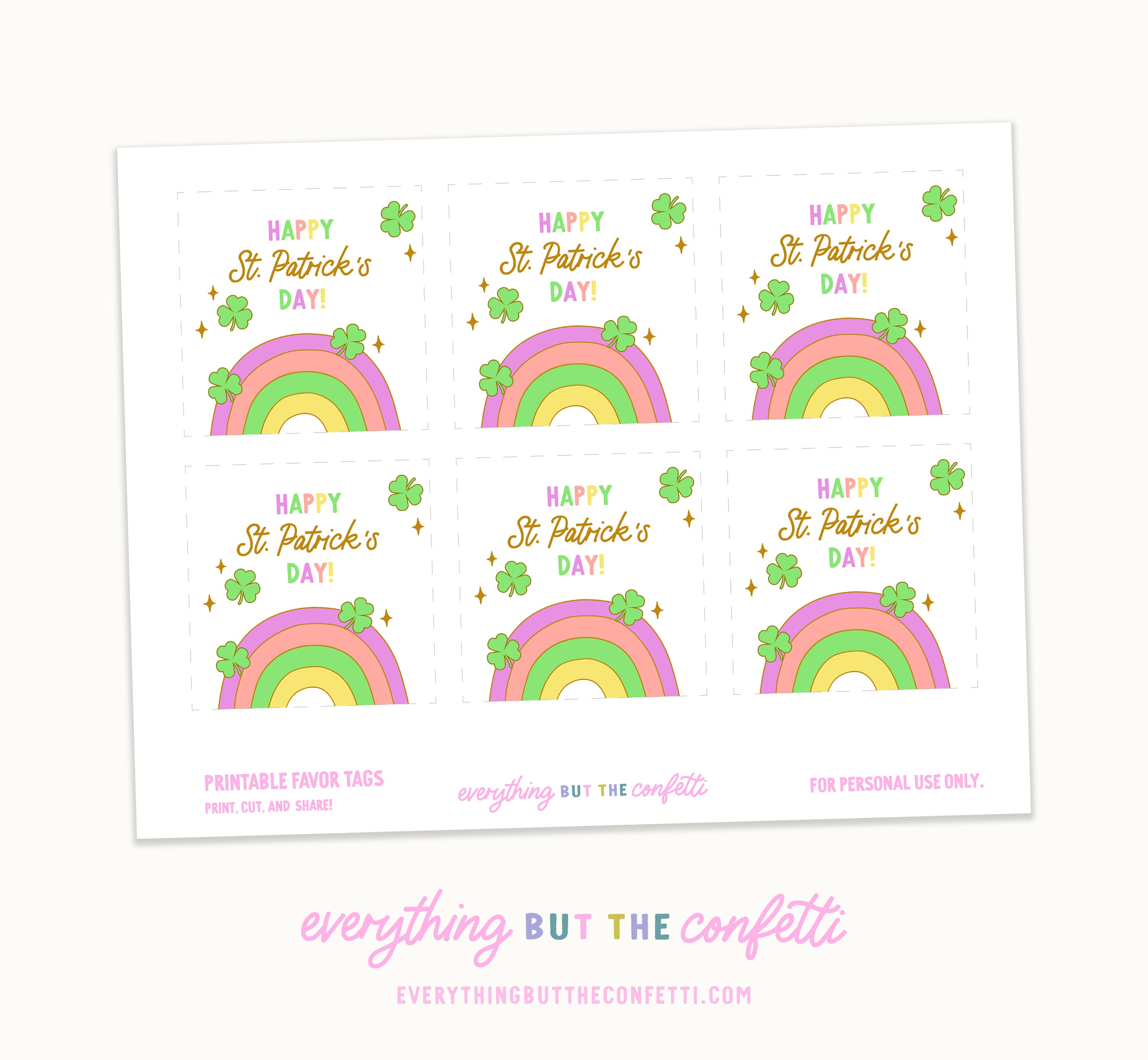 Printable St. Patrick's Day Kids Gift Tags, Classroom Rainbow Shamrock ...