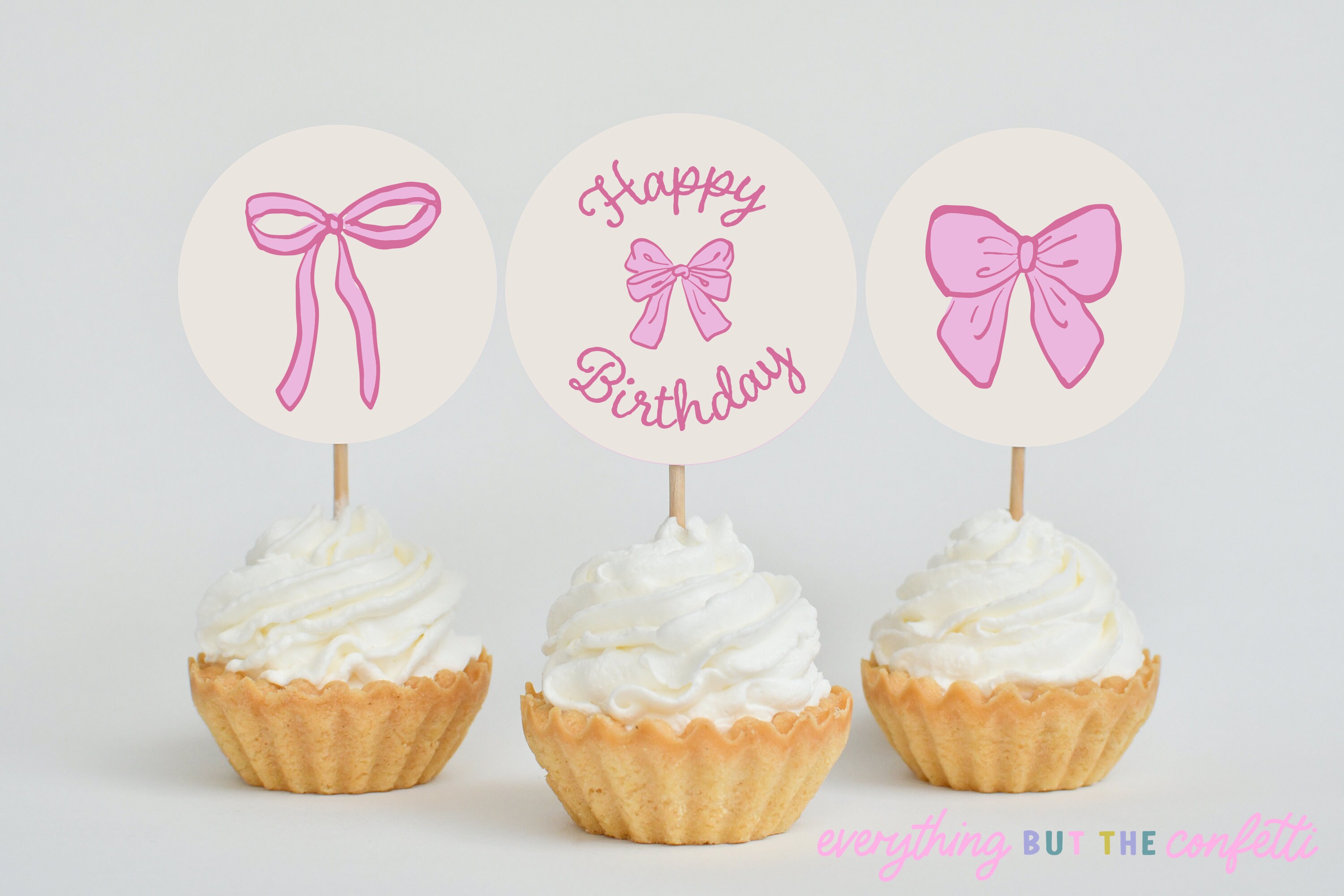 Bows Theme Cupcake Toppers, Printable Cupcake Toppers With Bows, Girly ...