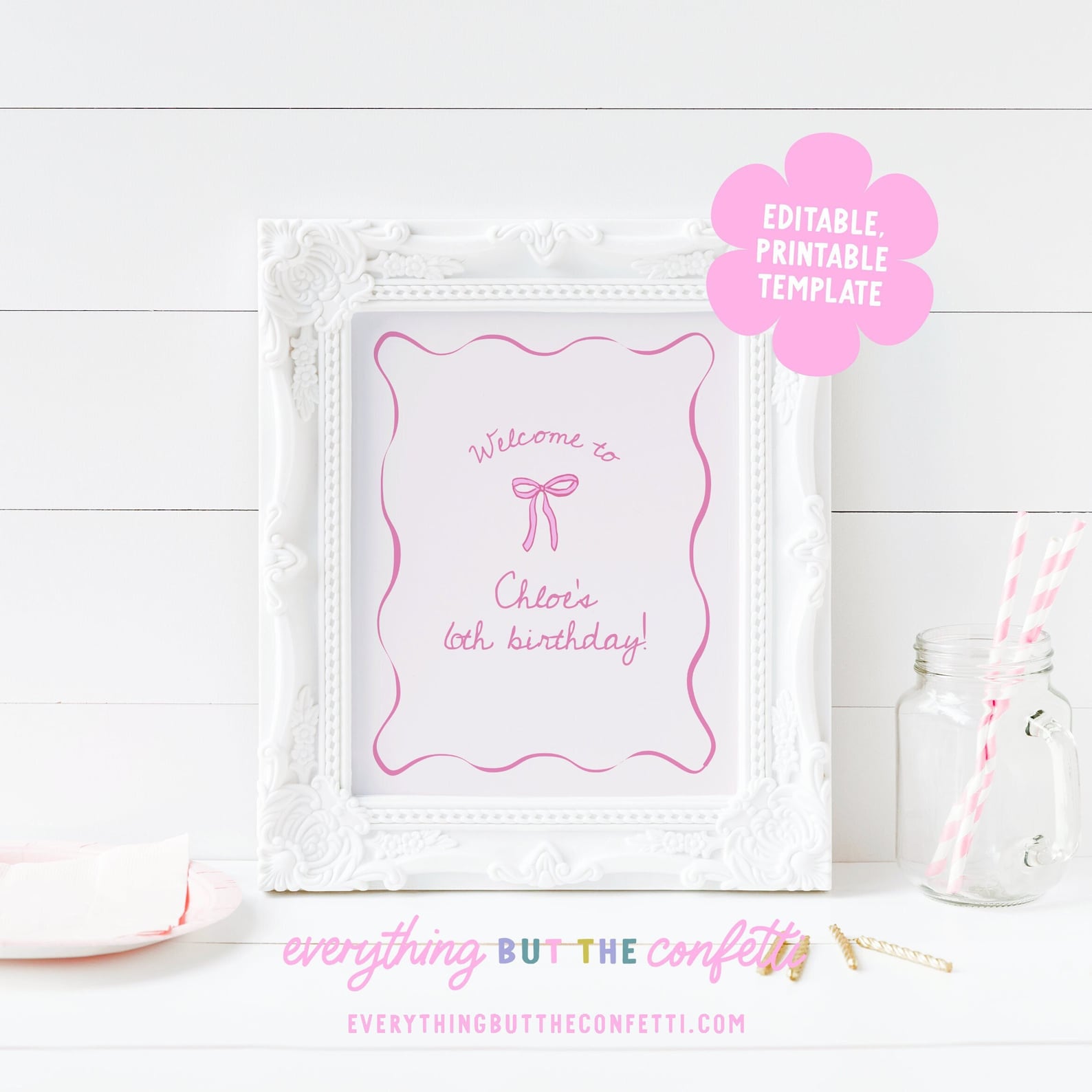 Printable Bows Party Sign Template, Pink Ribbon Birthday Sign Printable ...