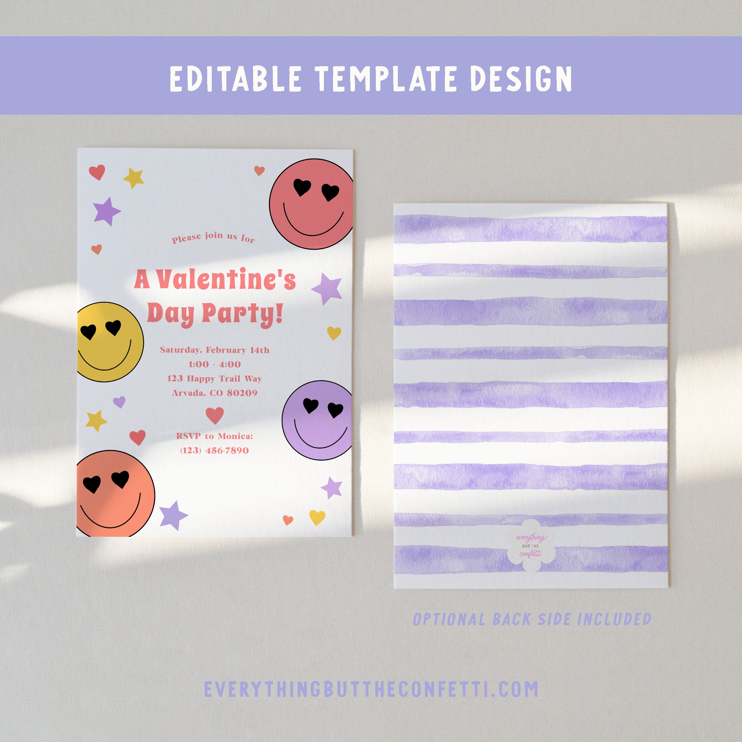 Smiley Face Valentine's Day Party Invitation Template, Heart Eyes ...