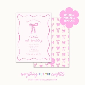 Bows Birthday Invitation Template, Printable Editable Handdrawn Bows ...