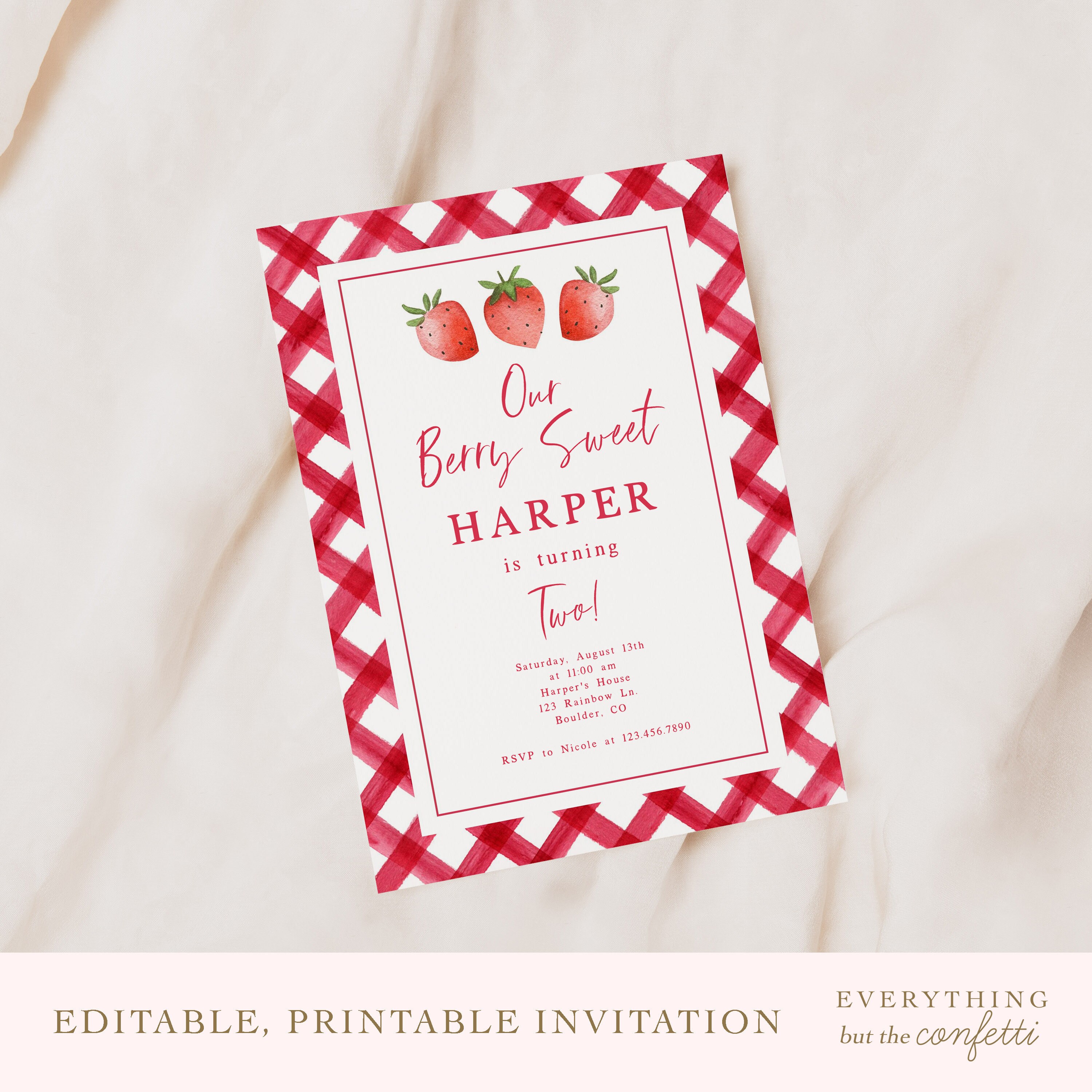 Berry Sweet Birthday Invitation Template Strawberry Party | Etsy