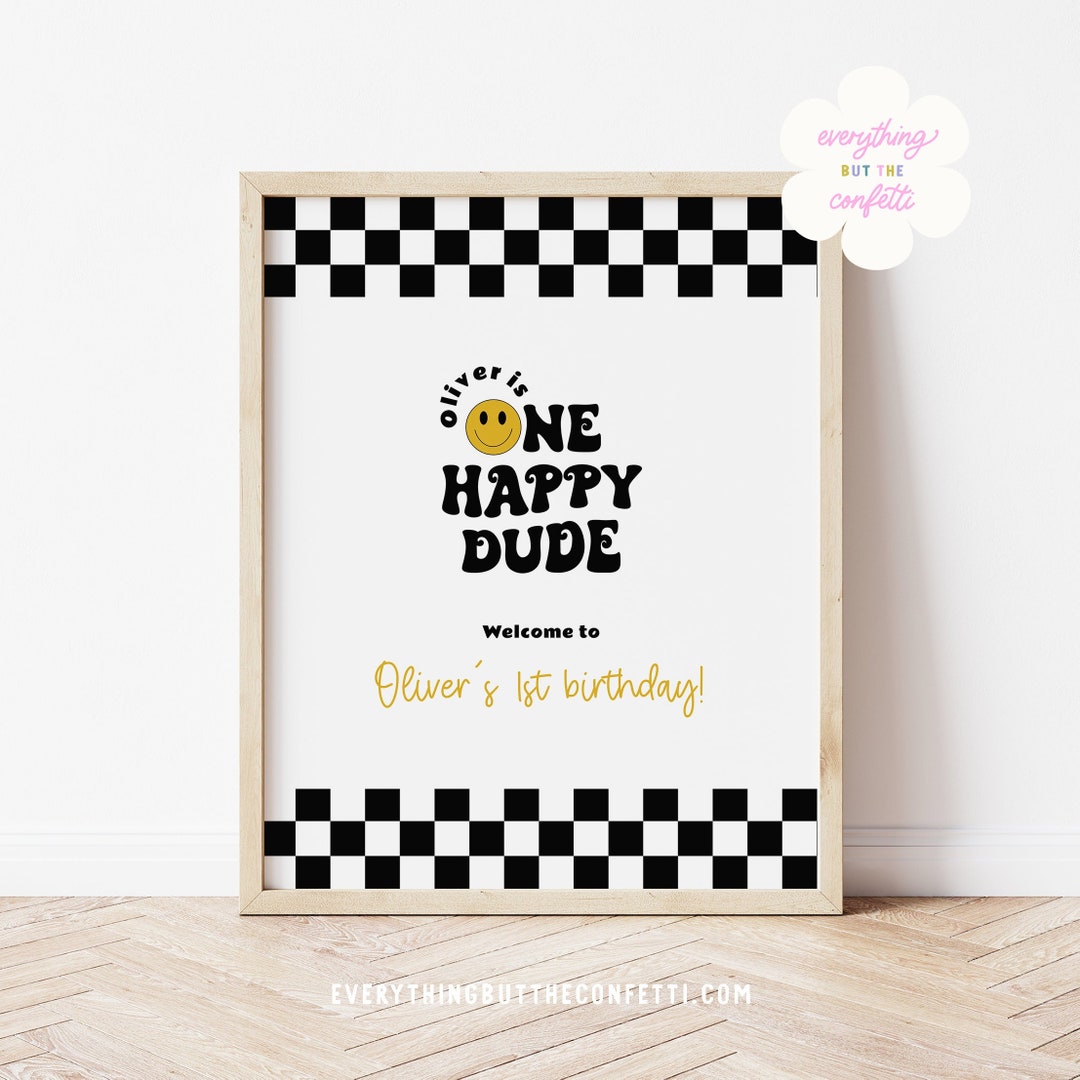 One Happy Dude First Birthday Smiley Faces Editable Printable Party ...