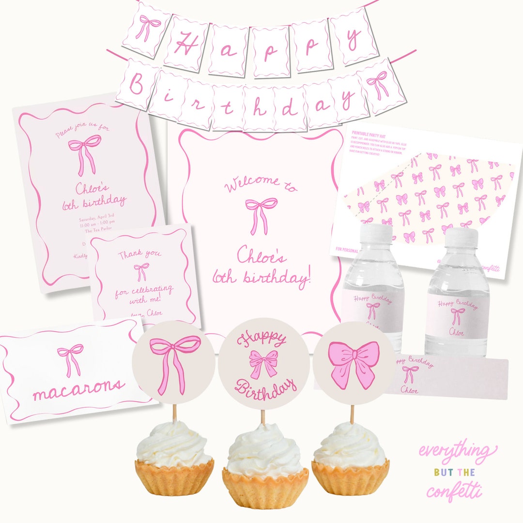 Pink Bows Birthday Party Printable Bundle, Printable Party Bundle ...