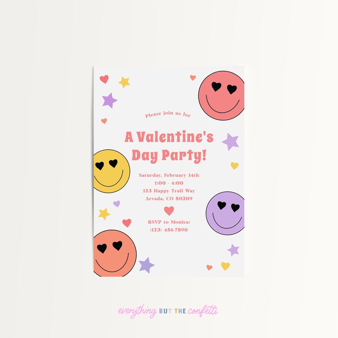 Smiley Face Valentine's Day Party Invitation Template, Heart Eyes ...