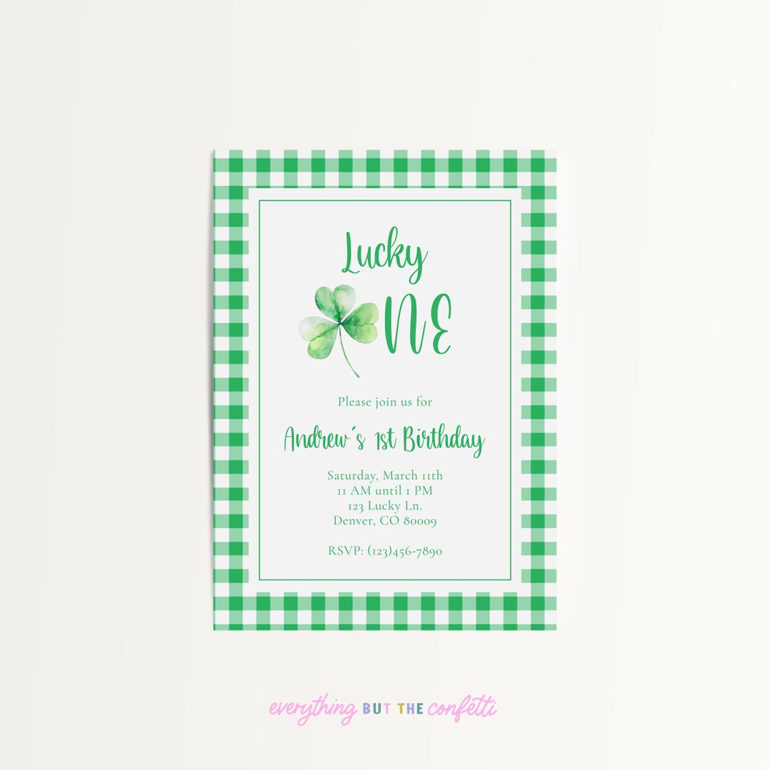 Printable Lucky One Birthday Invitation Template, Watercolor Four Leaf ...