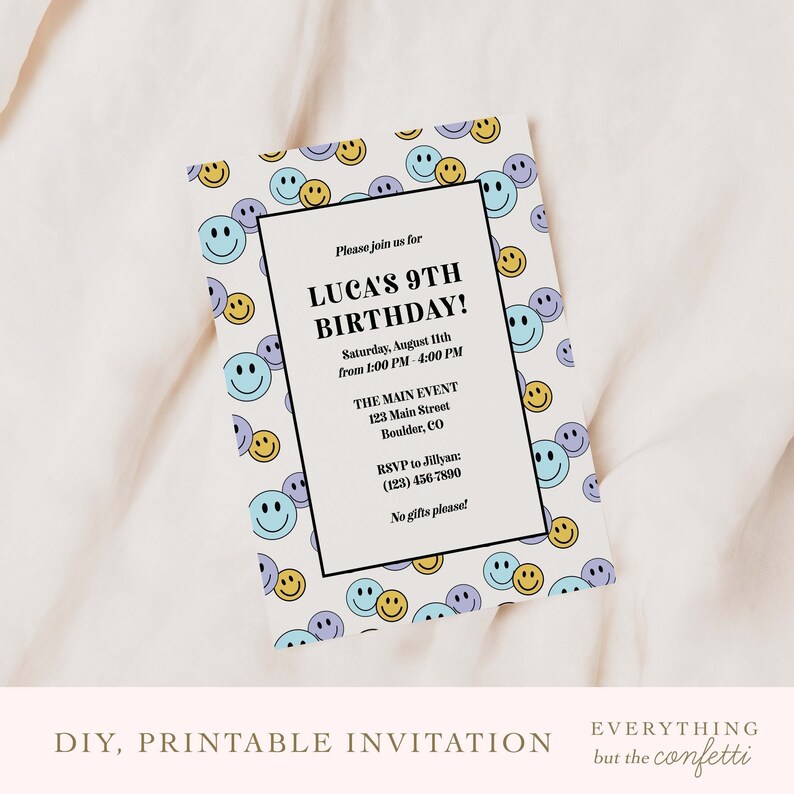 Smiley Faces Editable Printable Invitation Template Kids - Etsy