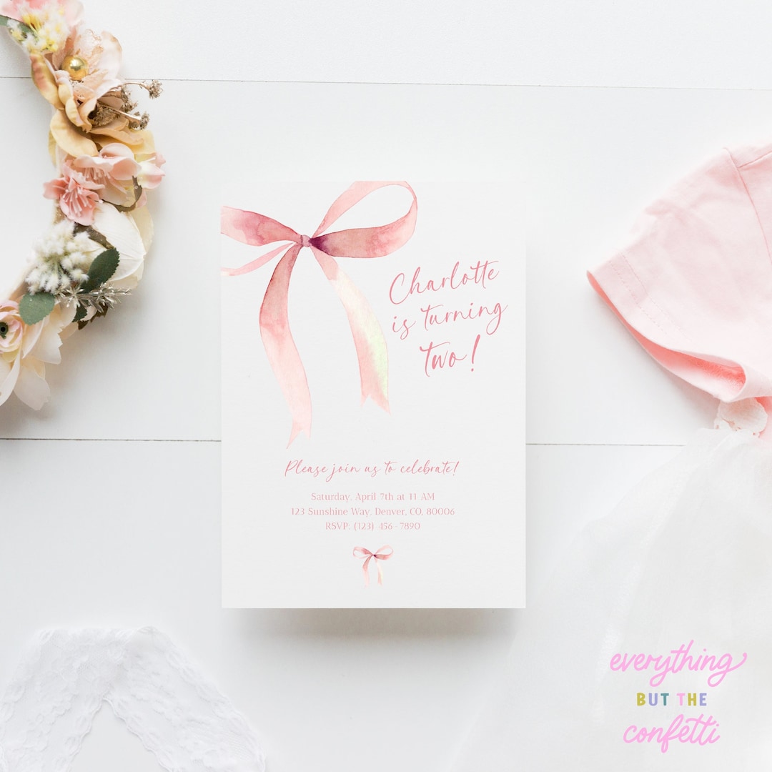 Bows Birthday Invitation Template, Printable Editable Watercolor Bow ...