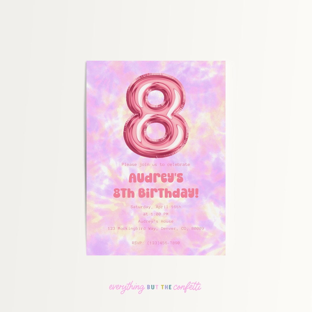 Printable Pink 8th Birthday Invitation Template, Tie Dye Birthday Party ...