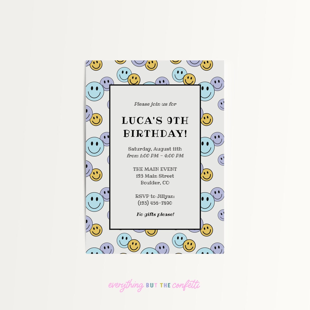 Smiley Faces Editable Printable Invitation Template, Kids Party ...