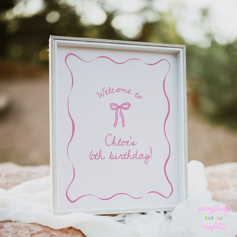 Printable Bows Party Sign Template, Pink Ribbon Birthday Sign Printable ...