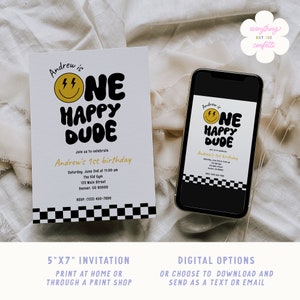 Printable One Happy Dude First Birthday Invitation Template, Smiley ...