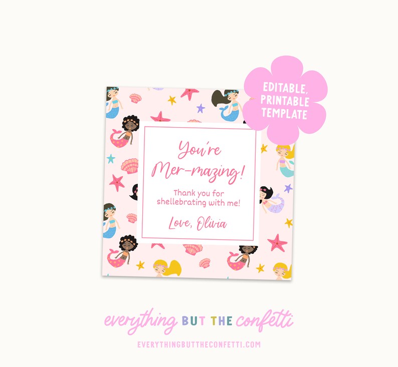 Let's Shell-e-brate Mermaid Editable Printable Square Tags Template ...