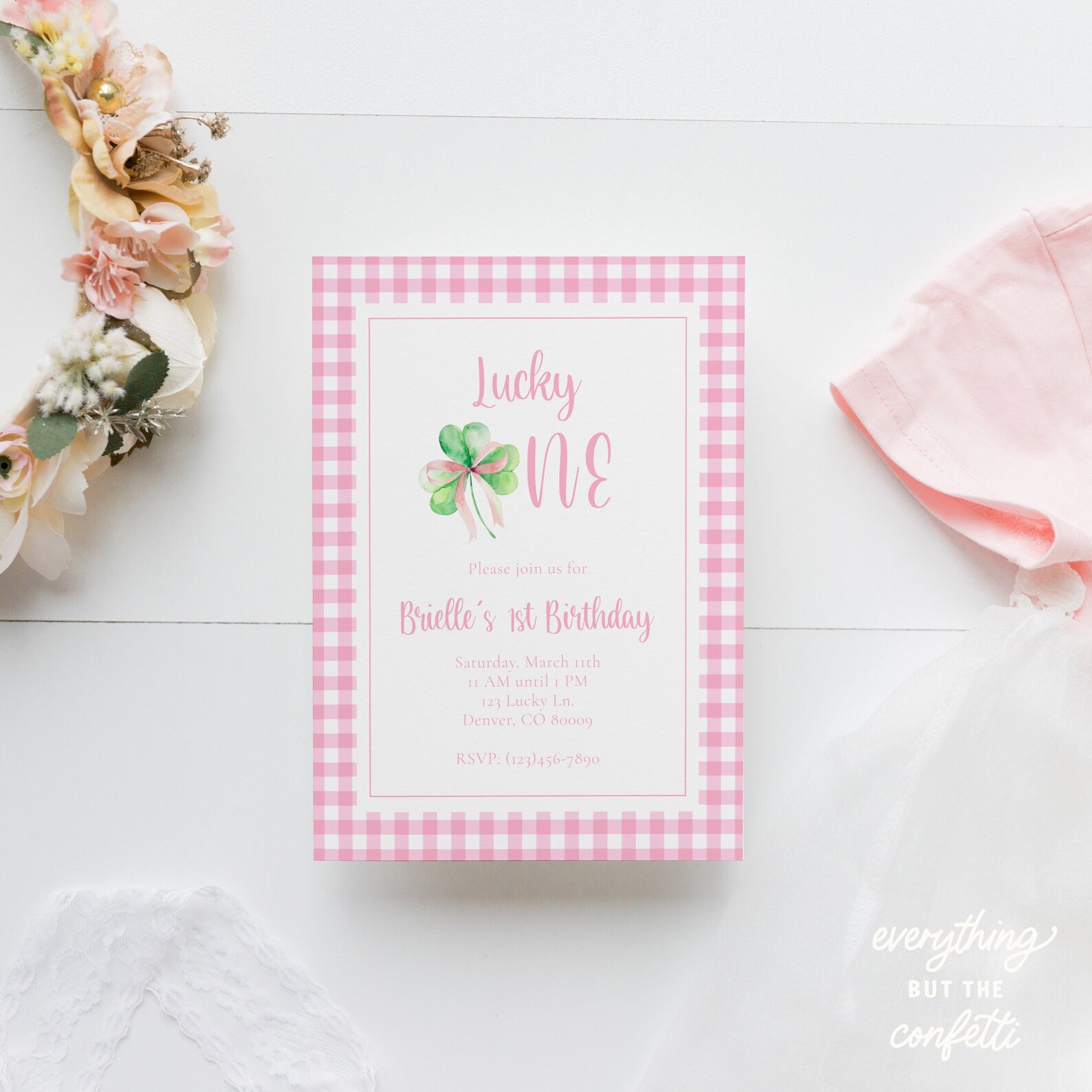Printable Lucky One Birthday Invitation Template, Watercolor Four Leaf ...