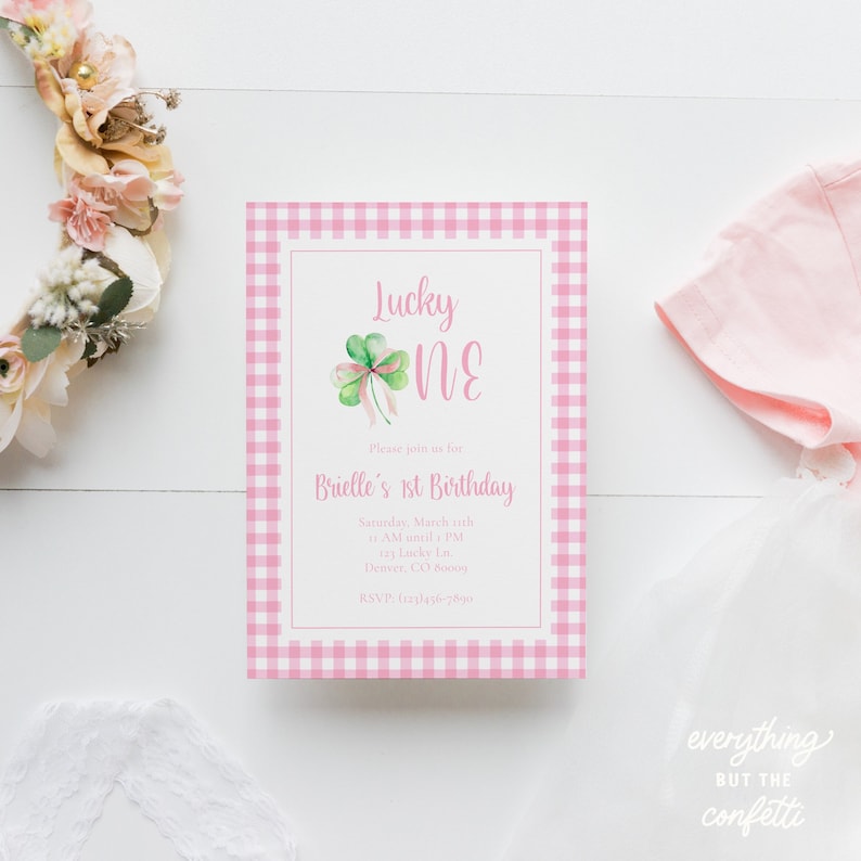 Printable Lucky One Birthday Invitation Template, Watercolor Four Leaf ...