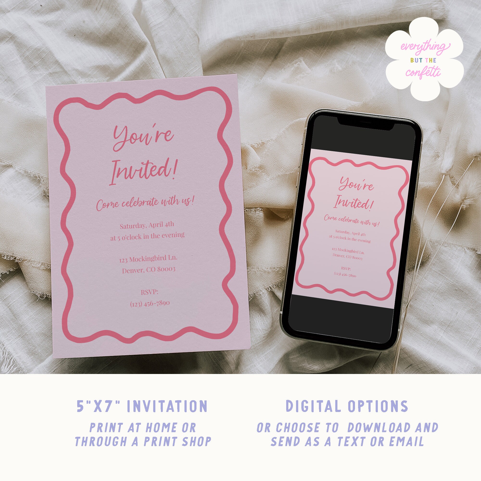 Wavy Editable Printable Invitation Template, Squiggle Lines Invitation ...