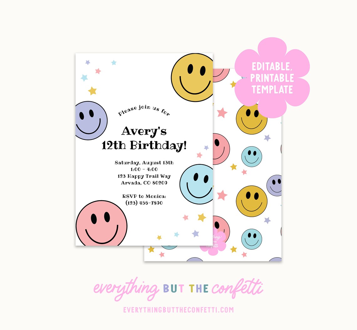 Smiley Faces Editable Printable Invitation Template, Kids Party ...