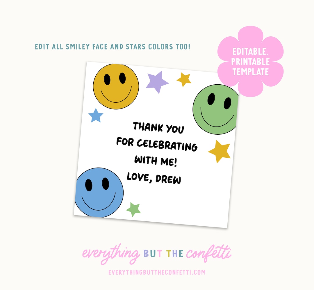 Smiley Faces Editable Printable Party Favor Tags Template, Kids Party ...