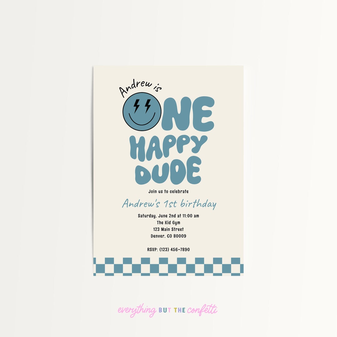 Printable One Happy Dude First Birthday Invitation Template, Smiley ...