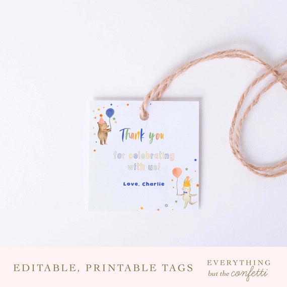 Party Animals Editable Printable Square Tags Template | Etsy