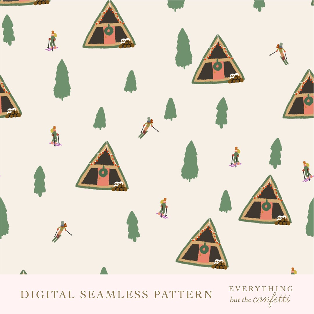 Winter A-frame and Skiers Digital Seamless Pattern, Christmas Repeating ...