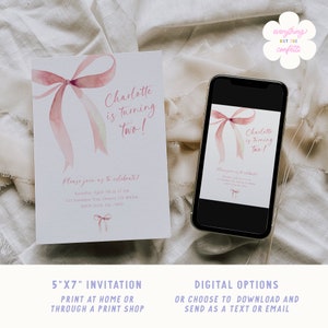 Bows Birthday Invitation Template, Printable Editable Watercolor Bow ...