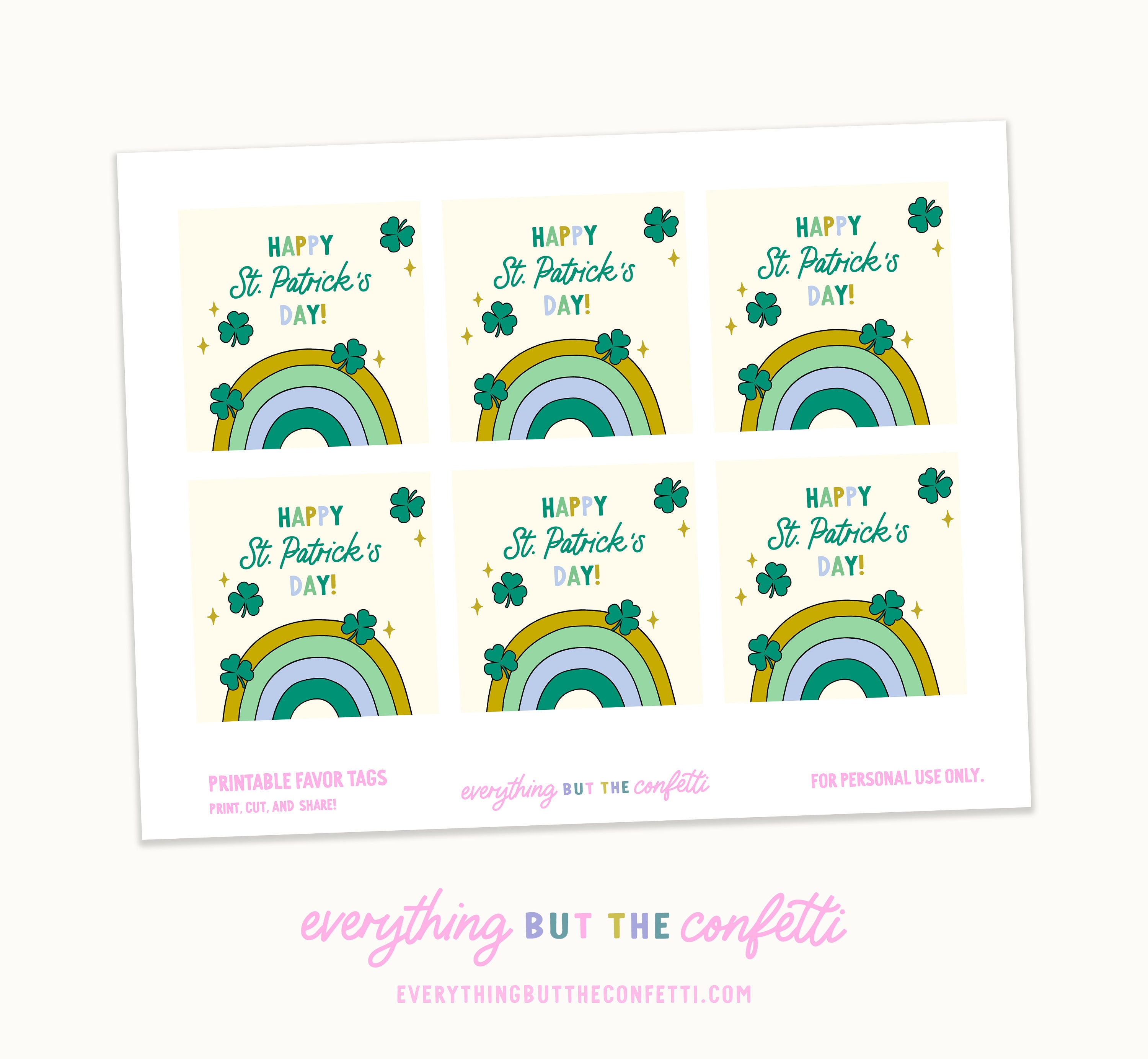 Printable St. Patrick's Day Kids Gift Tags, Classroom Rainbow Shamrock ...