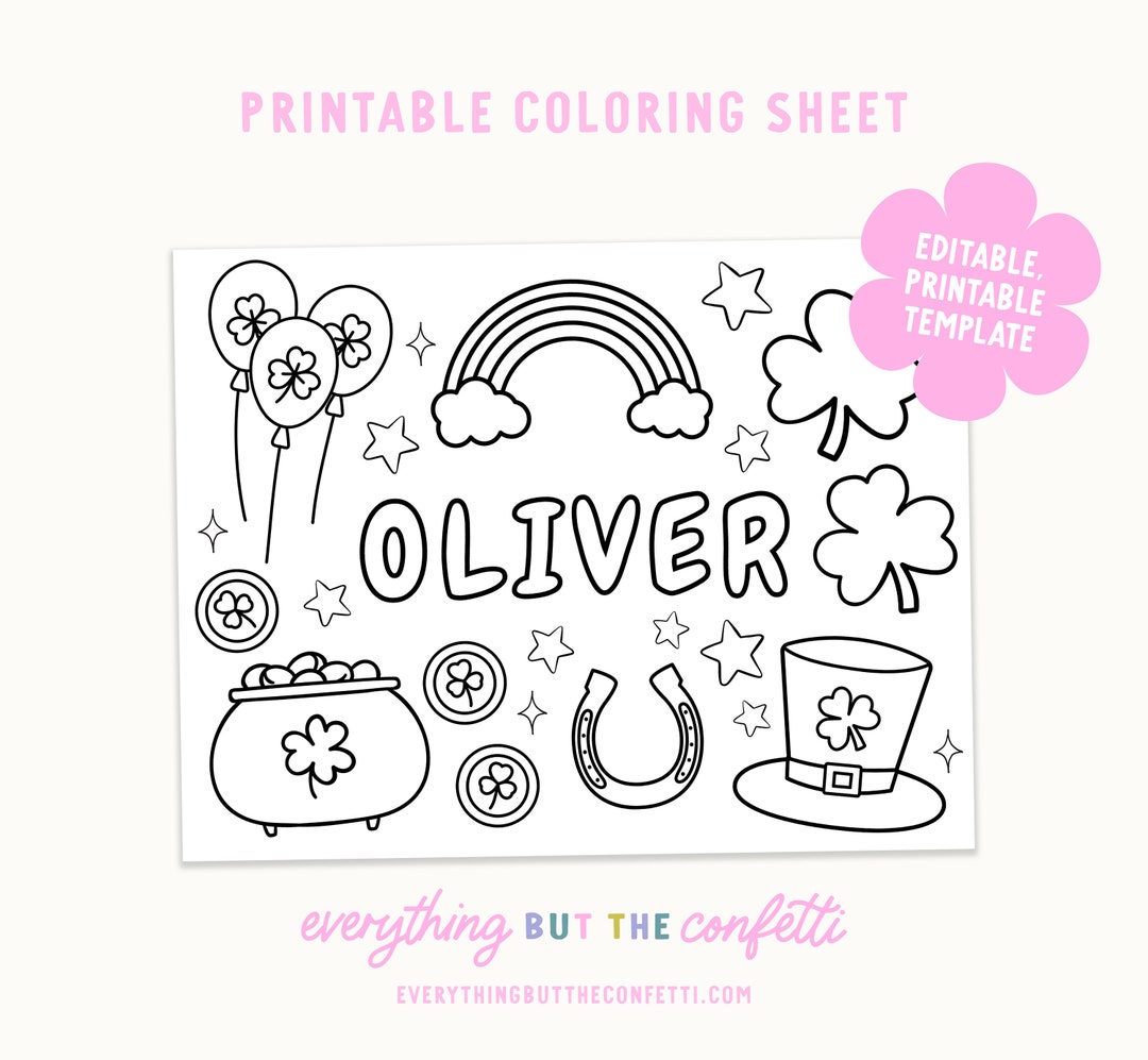 Printable St Patricks Day Coloring Placemat for Kids With Name, Custom ...
