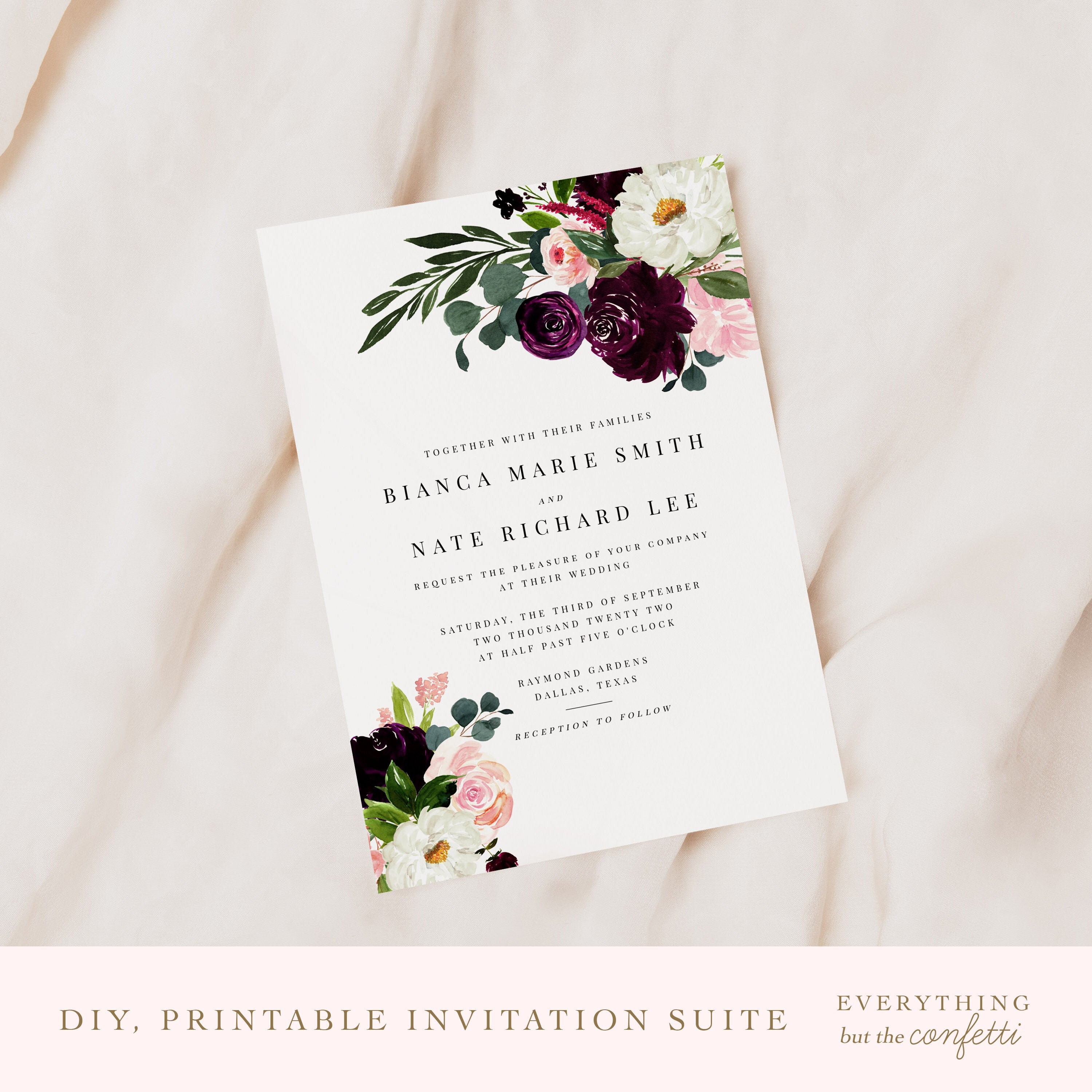 Romantic Florals Wedding Invitation Templates Suite Wedding | Etsy