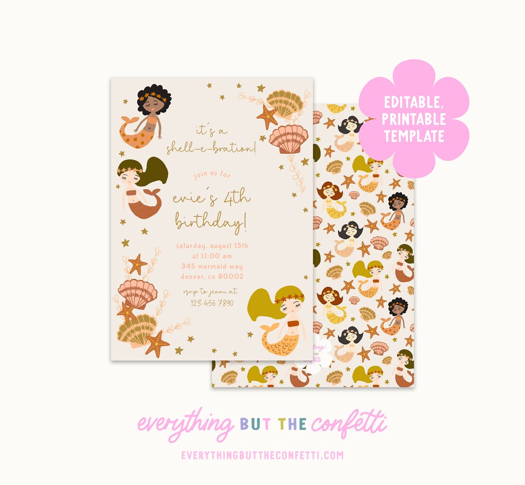 Boho Mermaids Party Invitation Template, Printable, Editable ...