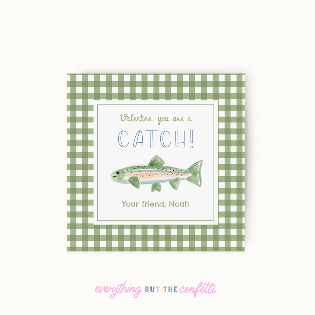 You're a Catch Kids Valentines Card Tag Printable Template, Fishing ...