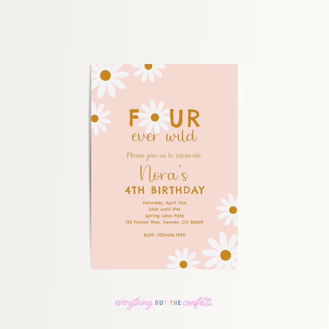 Printable Boho Daisy Party Invitation Template, Fourth Birthday Invite ...