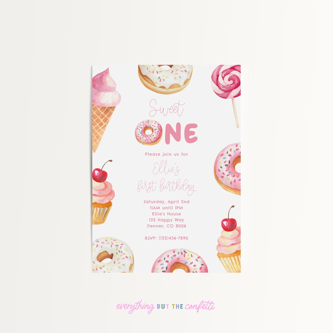 Printable Sweet One Birthday Invitation Template, Sweets Invite, Donut ...