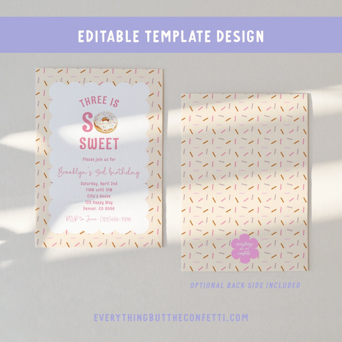 Three is so Sweet Birthday Invitation Template, Donut Sprinkles ...