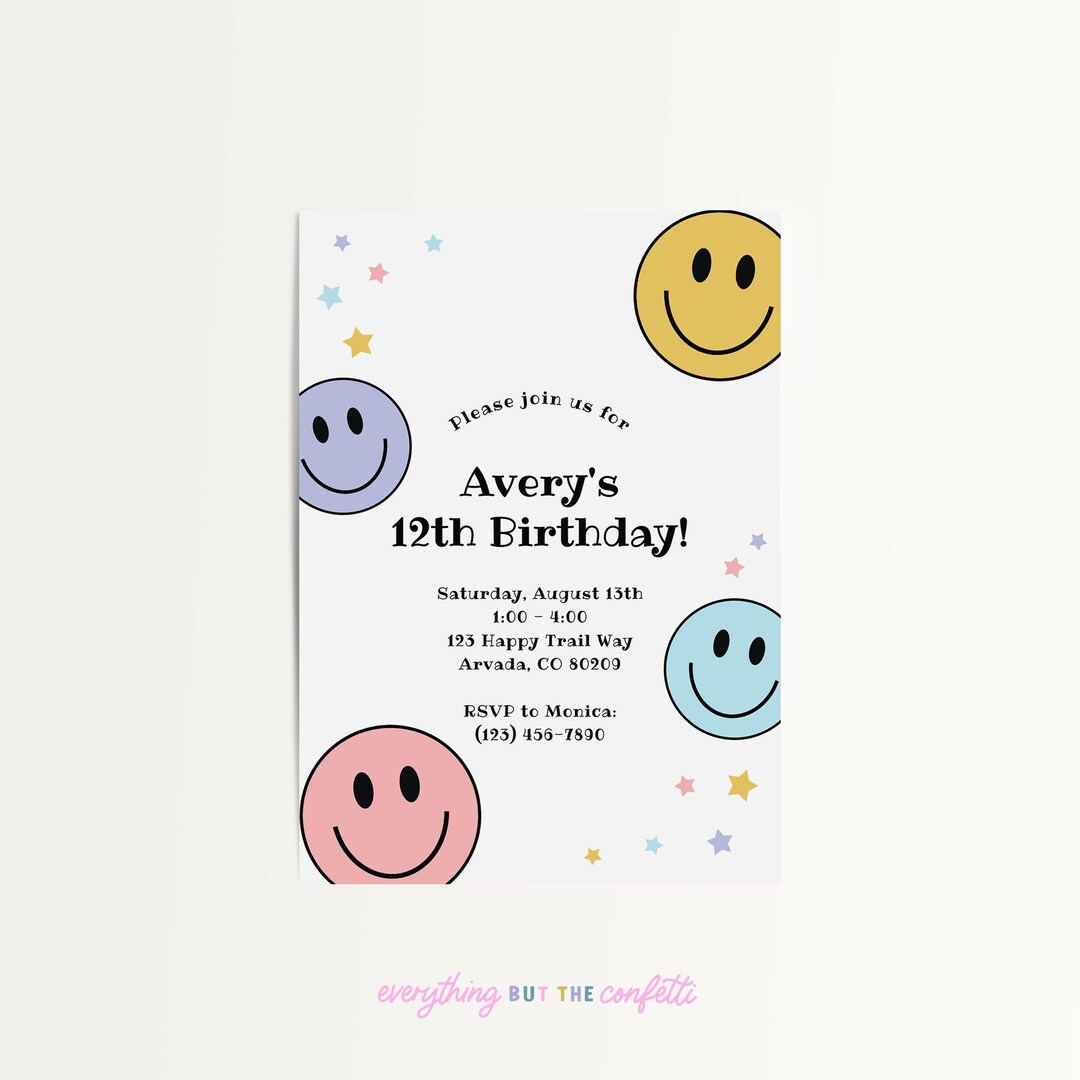Smiley Faces Editable Printable Invitation Template, Kids Party ...