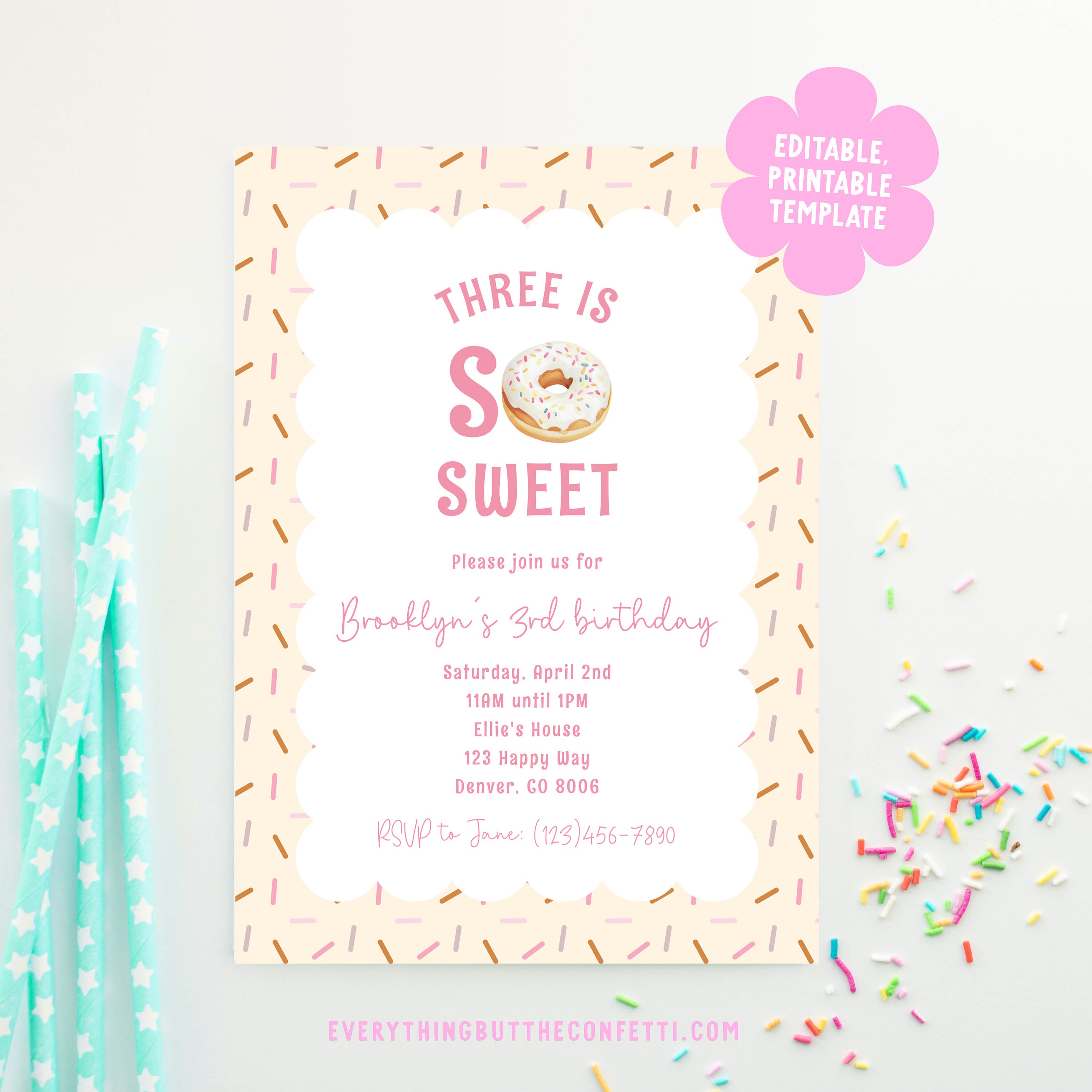 Three is so Sweet Birthday Invitation Template, Donut Sprinkles ...